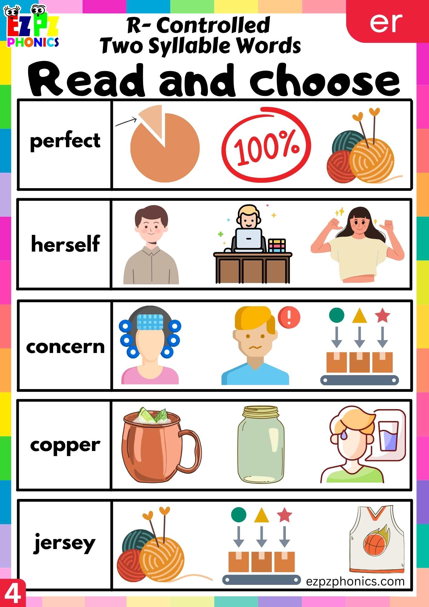 Read and choose activity for two syllable er words R controlled vowels phonics group 4 ...